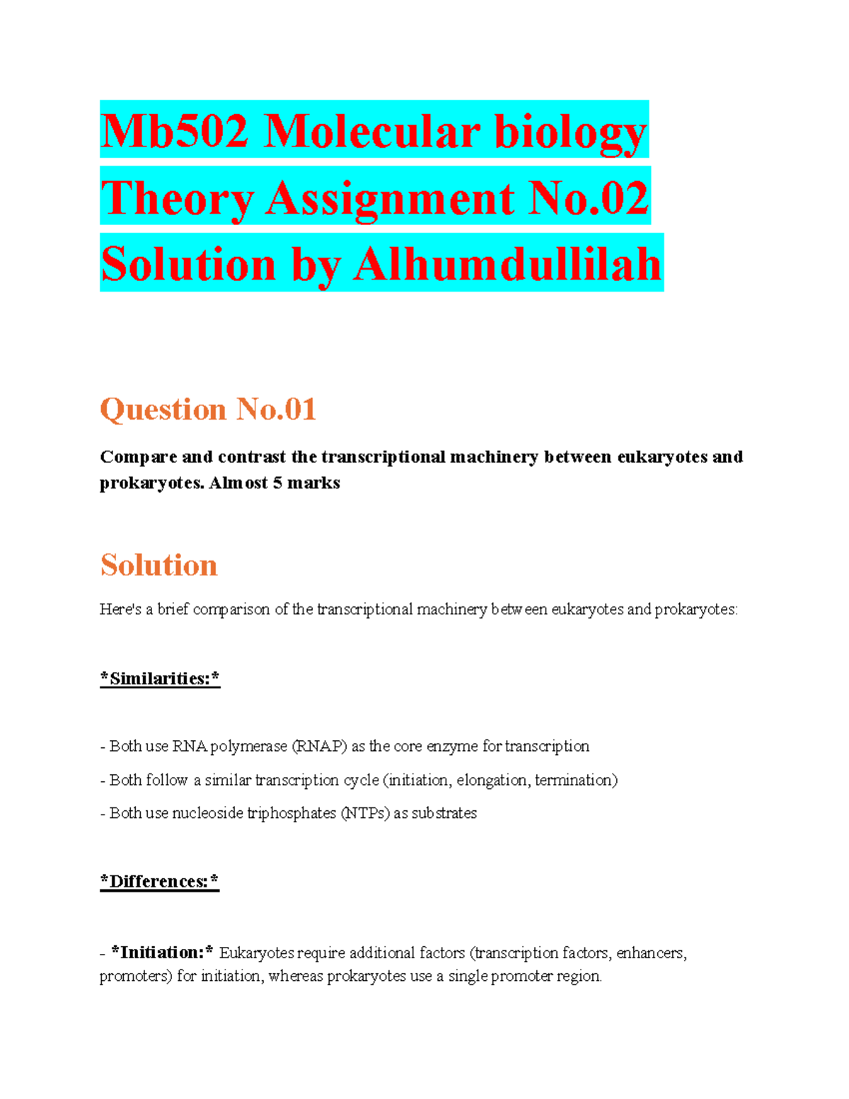 Mb502 Theory Assignment No 02 Solution by Alhumdullilah - Mb502 Molecular biology Theory ...