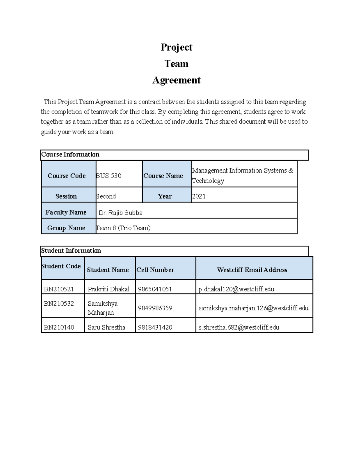 MIS Team Agreement - Project Work - 500-901 - Studocu