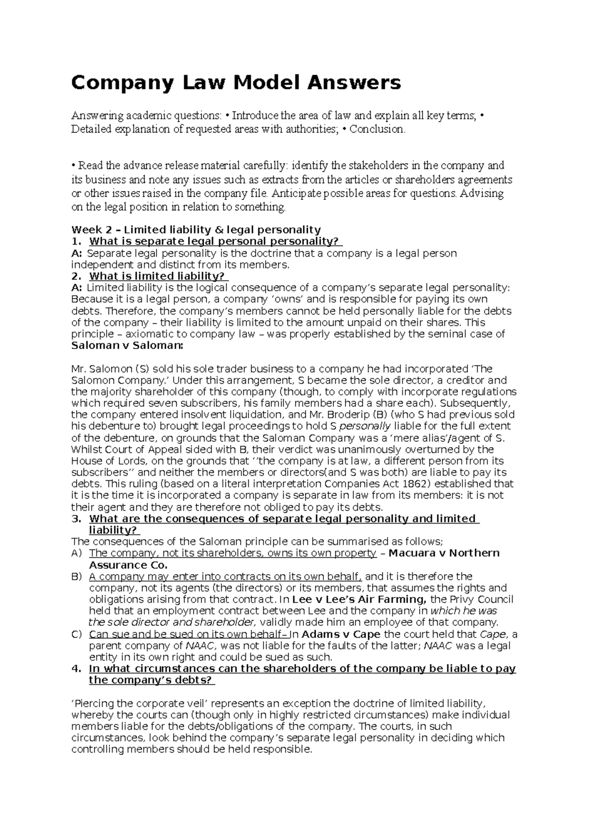 PGDL Company Law Model Answers - Company Law Model Answers Answering ...