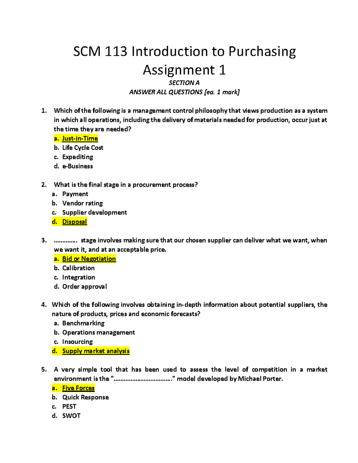 SCM 113 - wwwwwwwwwwwwwwwwwwwww - SCM 113 Introduction to Purchasing Assignment 1 SECTION A ...