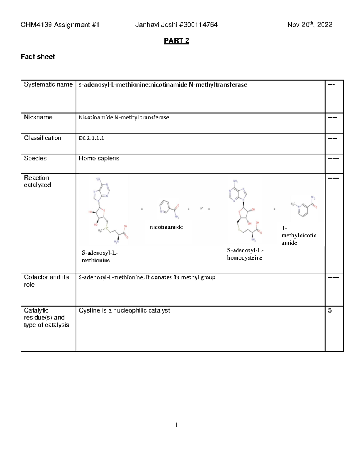 CHM4139 assignment 1 Part 2 - PART 2 Fact sheet Systematic name S-adenosyl-L-methionine ...