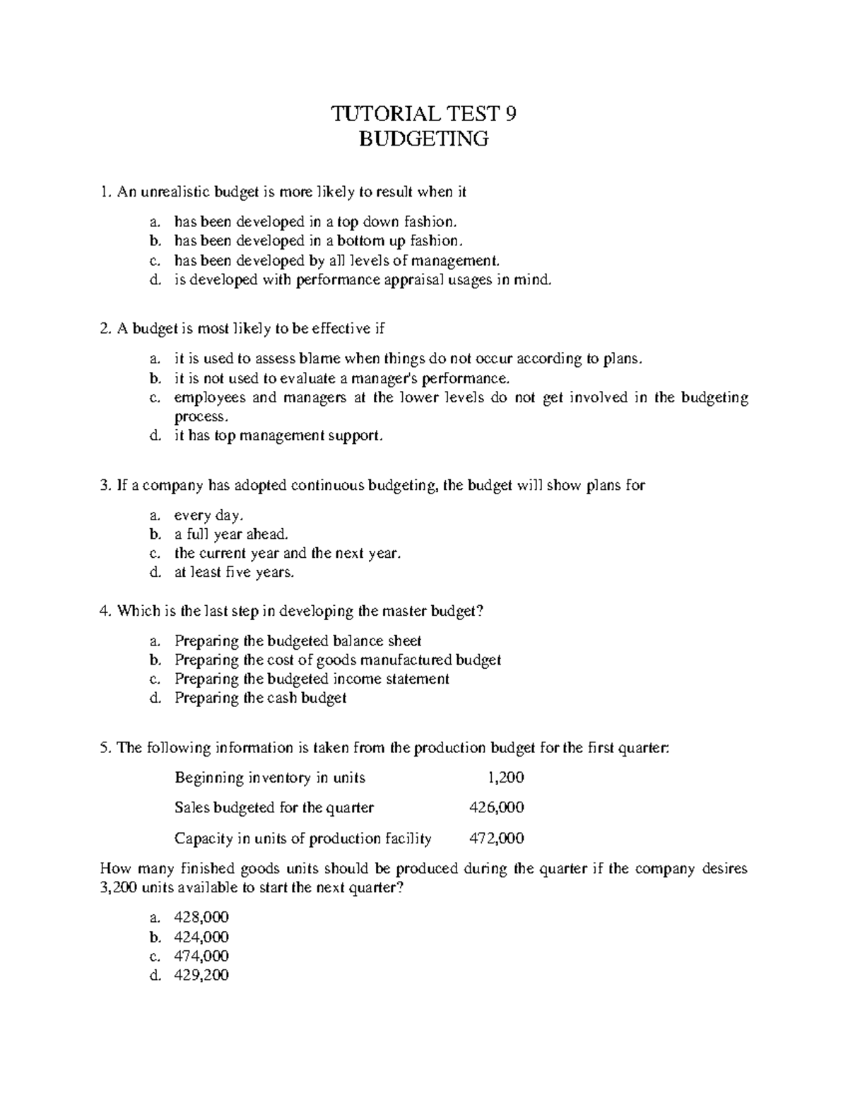 TT09 - PA3 - TUTORIAL TEST 9 BUDGETING An unrealistic budget is more ...