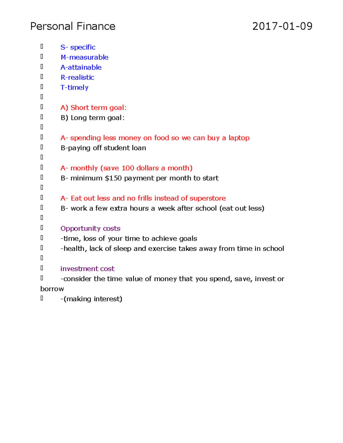 Personal Finance assignment - Personal Finance specific A) Short term ...