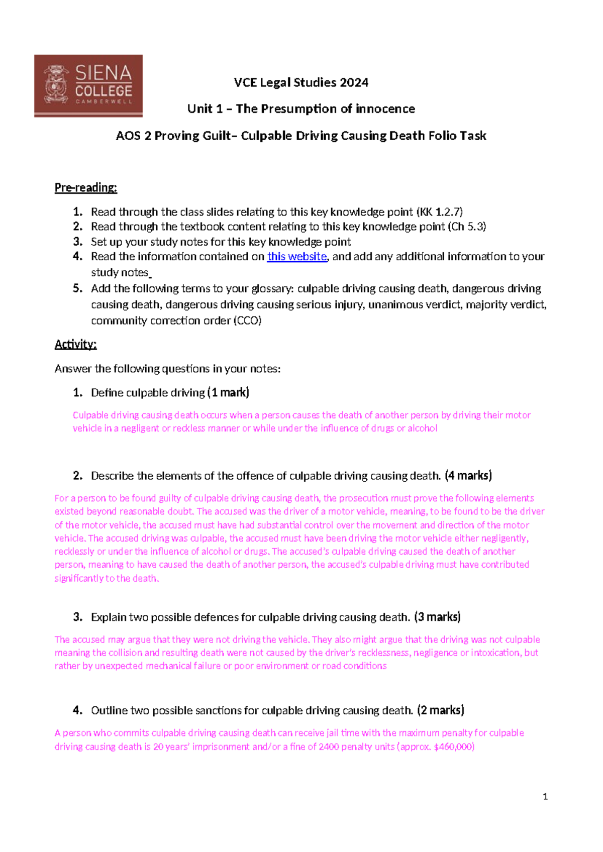 2024 Folio Task - Culpable driving - VCE Legal Studies 2024 Unit 1 ...