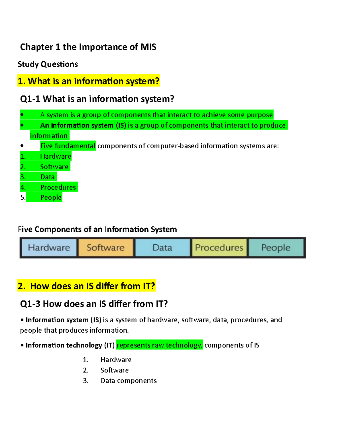 1chapter summary - Chapter 1 the Importance of MIS Study Questions 1 ...
