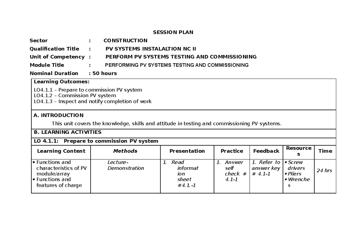 Session PLAN UC4 - cblm - SESSION PLAN Sector : CONSTRUCTION Qualification Title : PV SYSTEMS ...