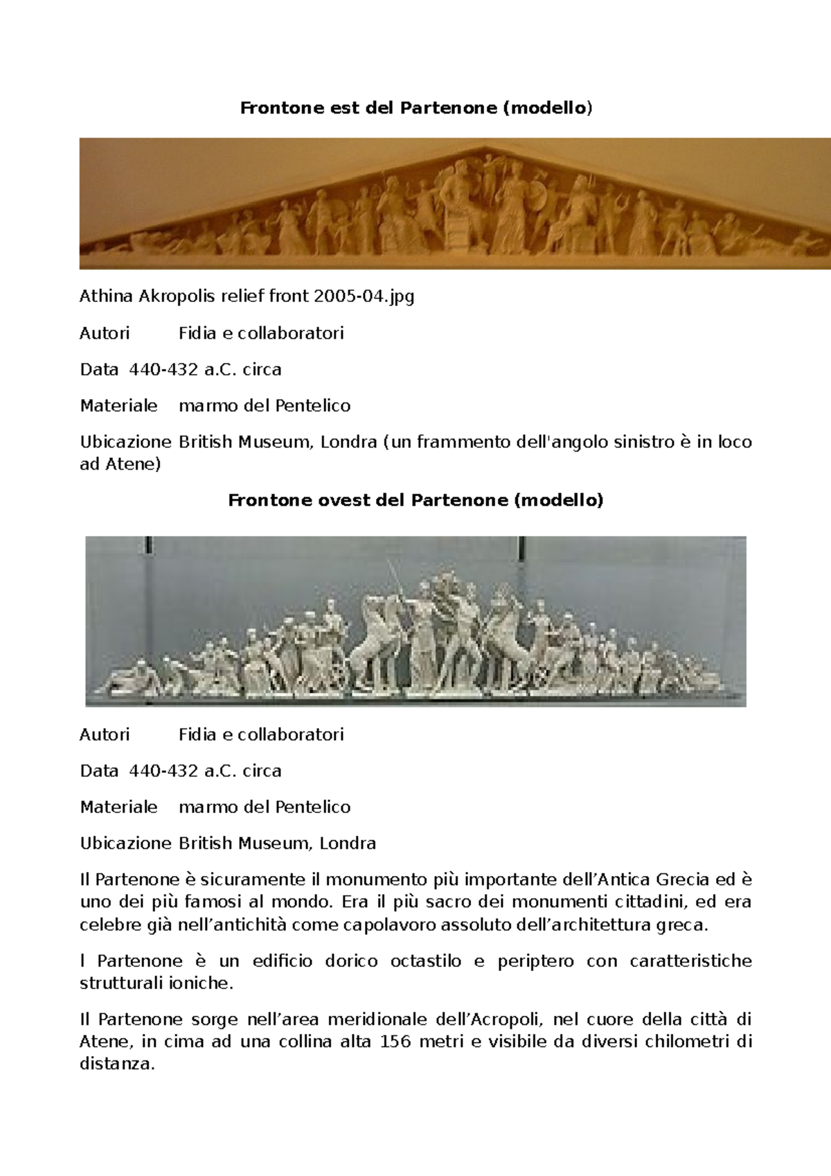 Il Partenone descrizione dell'architettura e dei rilievi - Frontone est ...