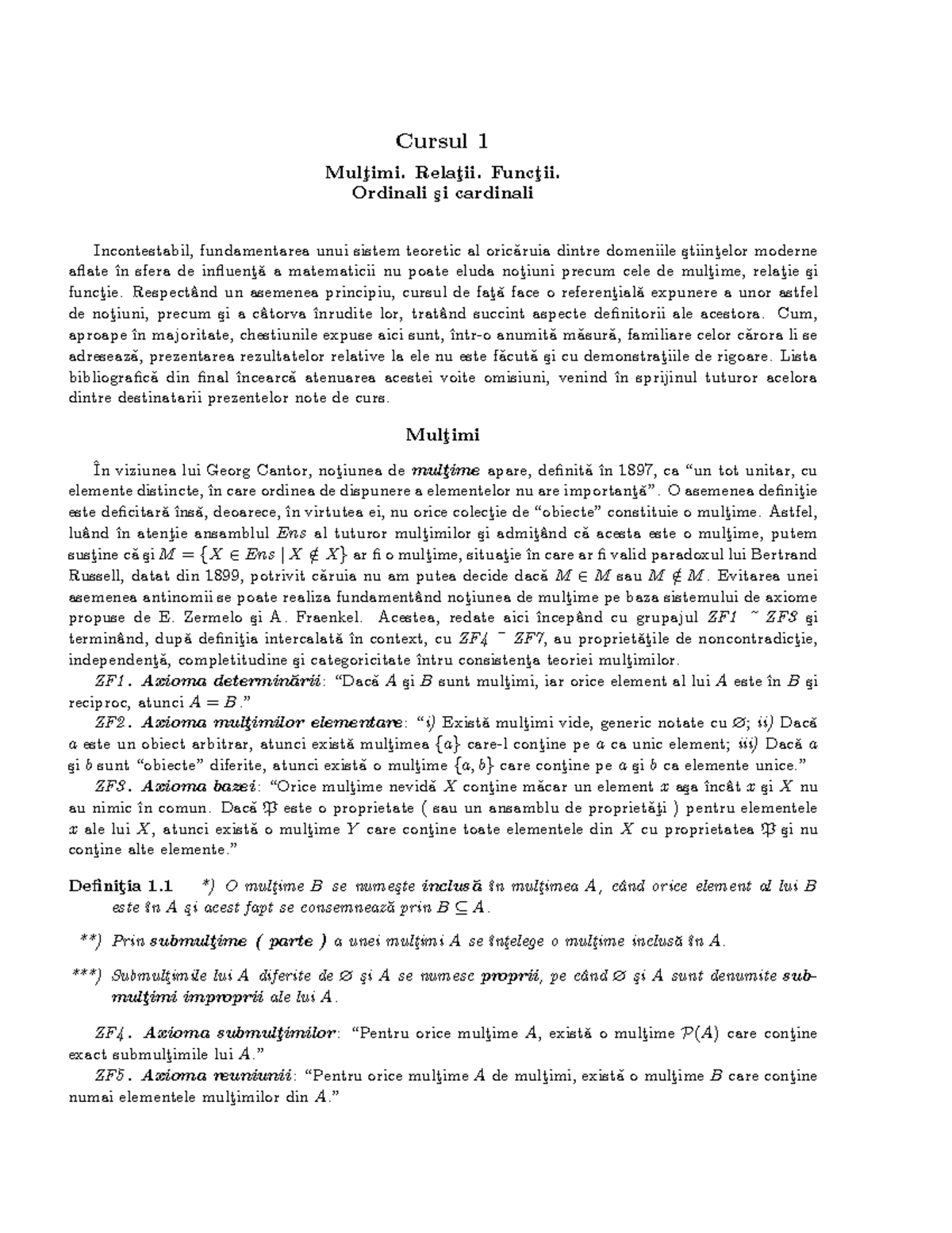 Cursul 01 - Cursul 1 Mul∏timi. Rela∏tii. Func∏tii. Ordinali ∏si ...