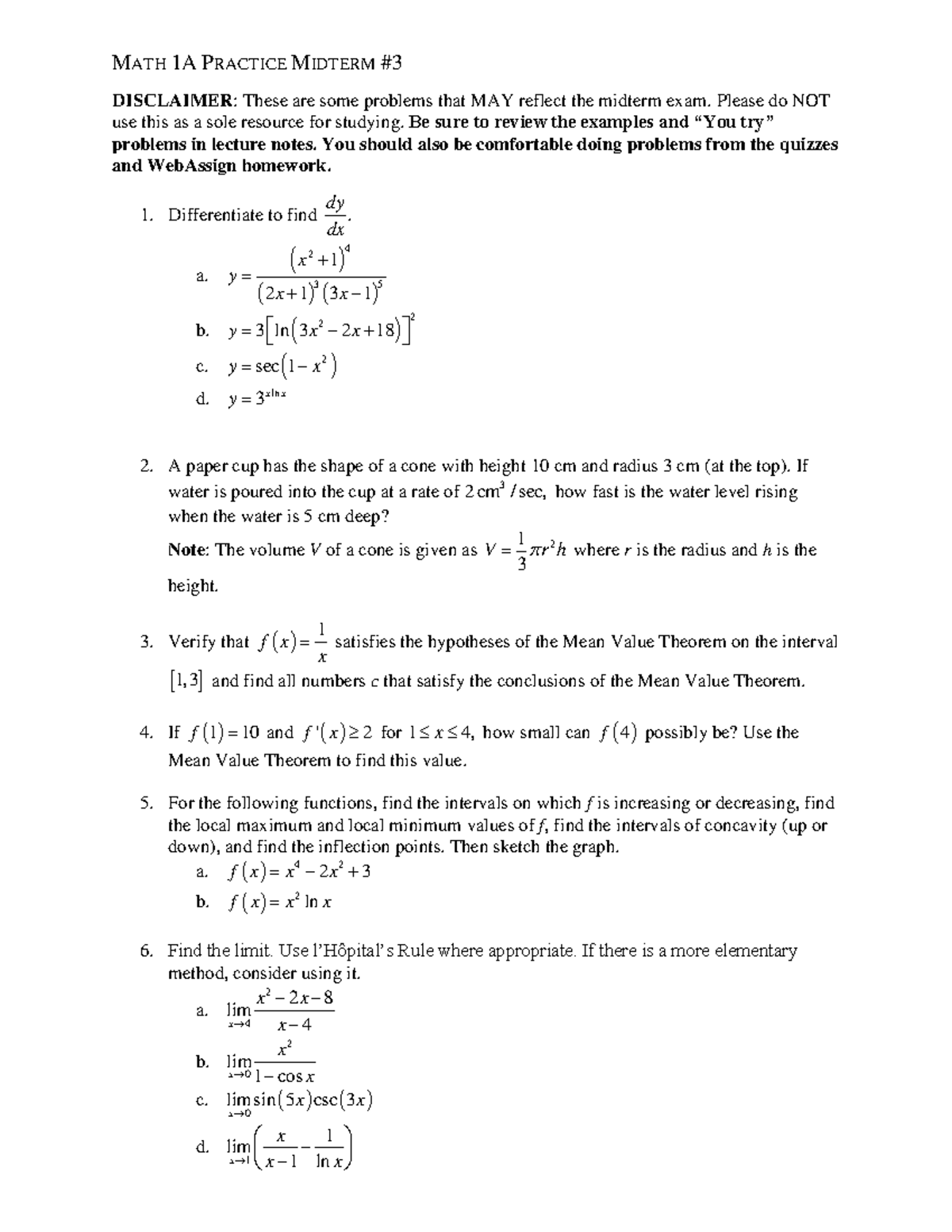 Math 1A Midterm 3 Practice - MATH 1A PRACTICE MIDTERM DISCLAIMER : These are some problems that ...
