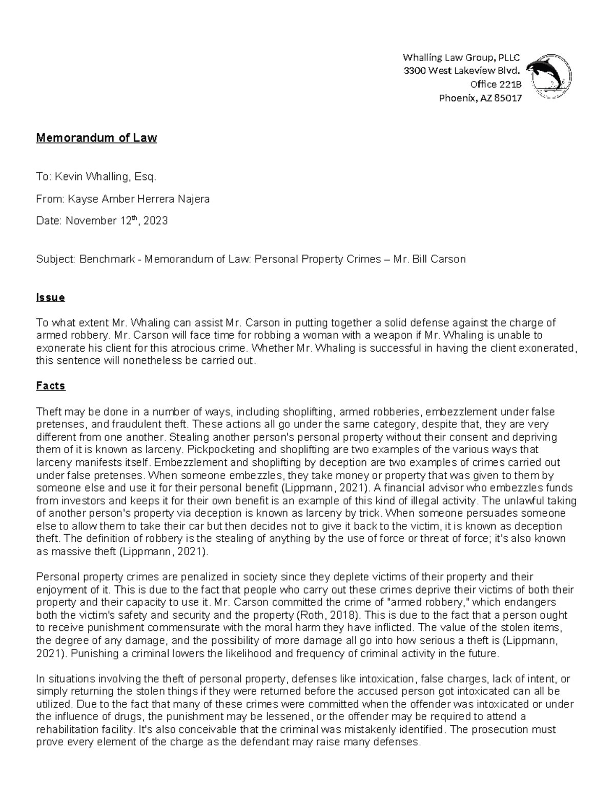 Benchmark - Memorandum of Law - Personal Property Crimes - Whalling Law ...