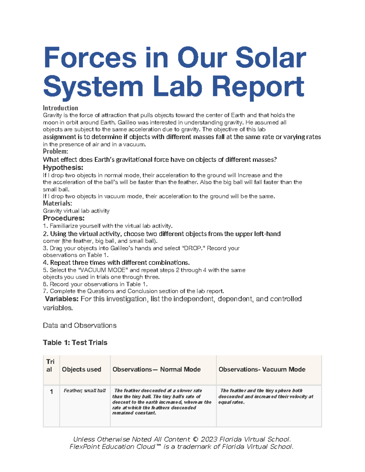 Honors applying planetary law lab report 1 - Forces in Our Solar System ...
