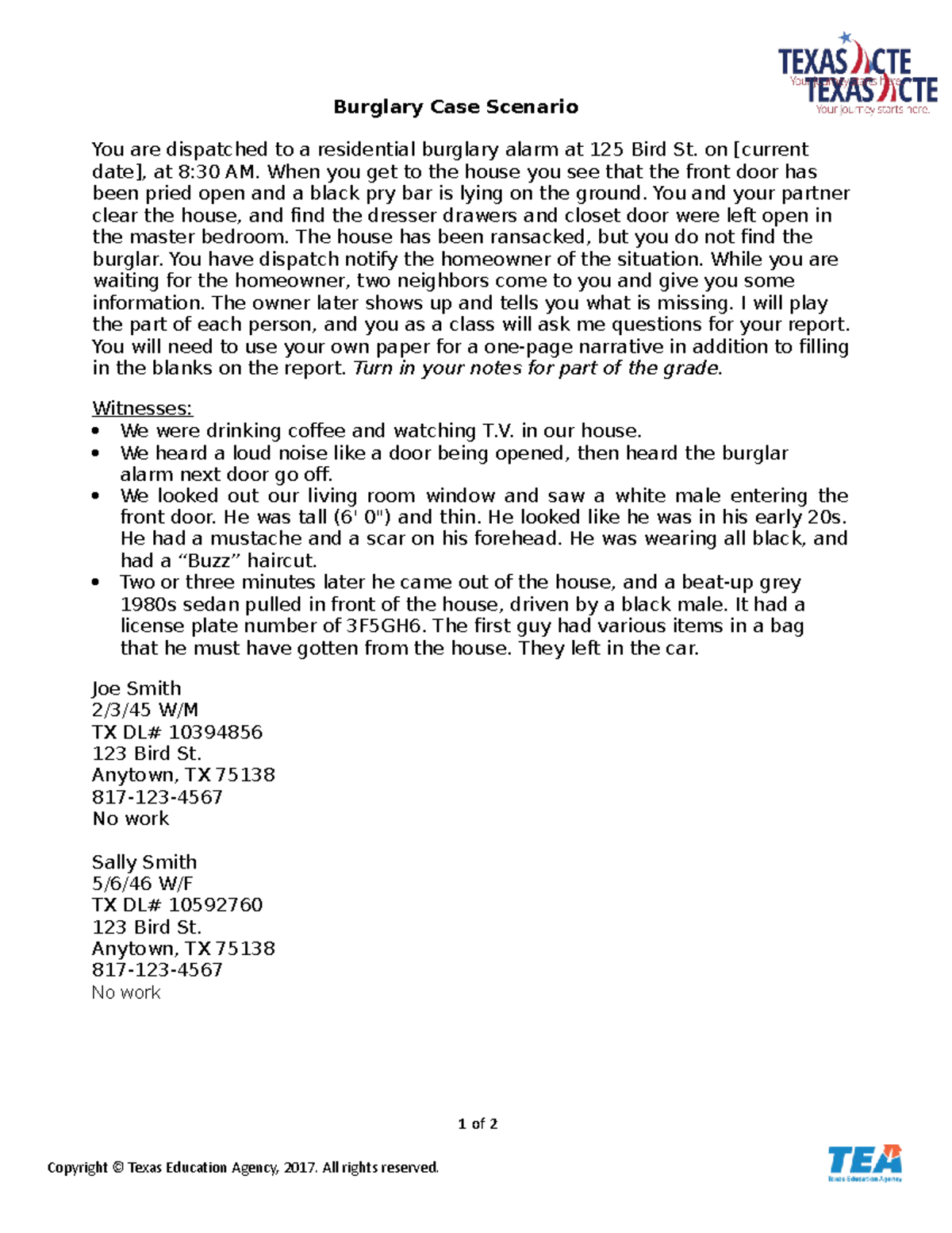 Report Writing- Burglary Case Scenario Handouts - Burglary Case ...