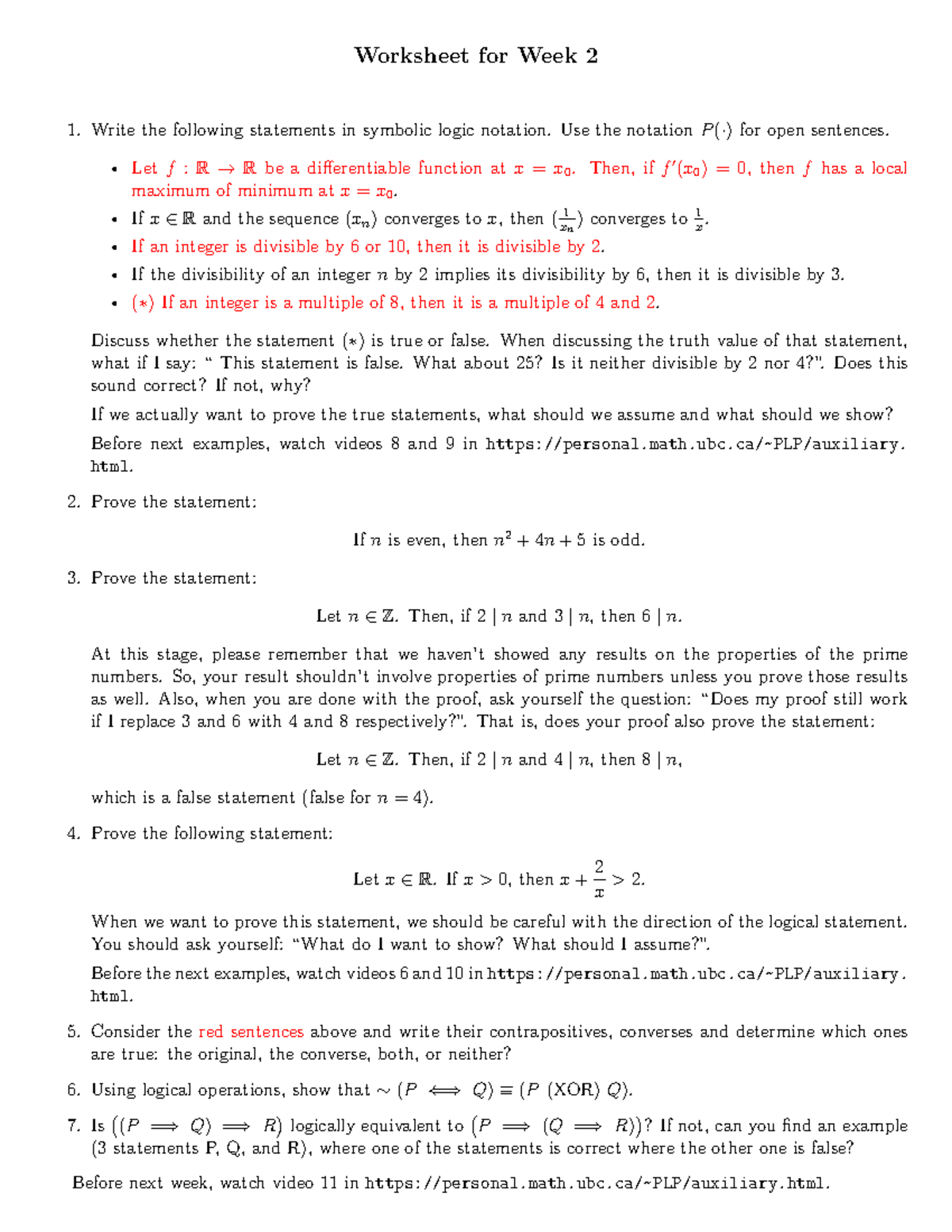 Worksheet week 2 - Worksheet for Week 2 Write the following statements in symbolic logic ...