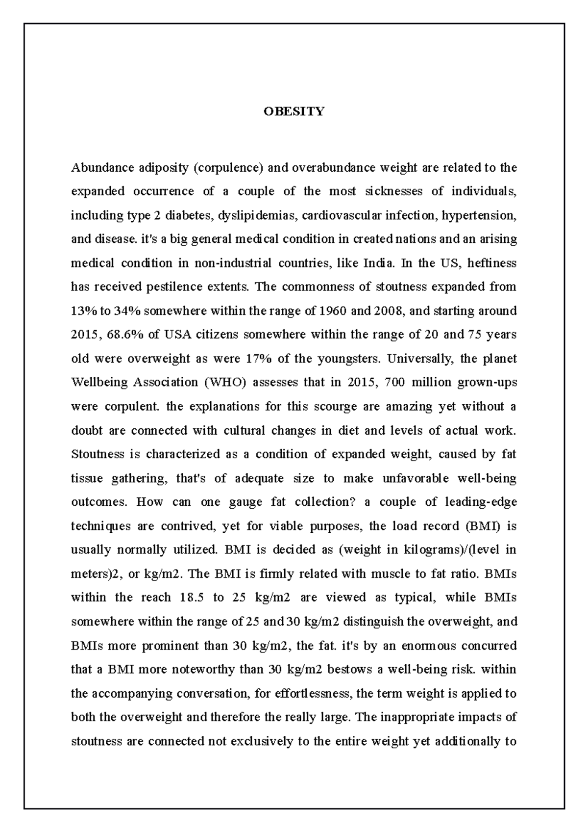 Obesity - Introduction - OBESITY Abundance adiposity (corpulence) and ...