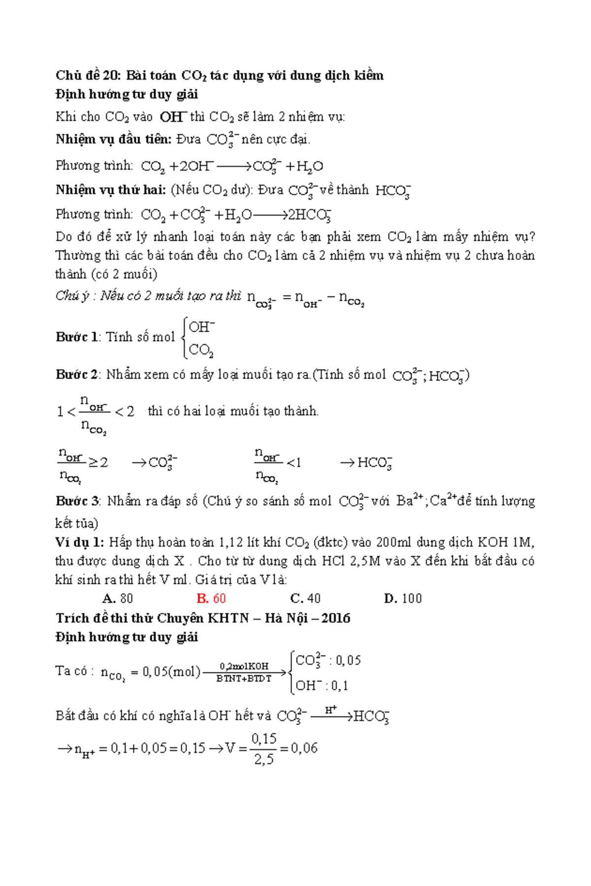 CĐ 20 CO2 kiềm - hoa12 - Chÿ ß 20: Bài toán CO 2 tác dÿng vßi dung dßch ...