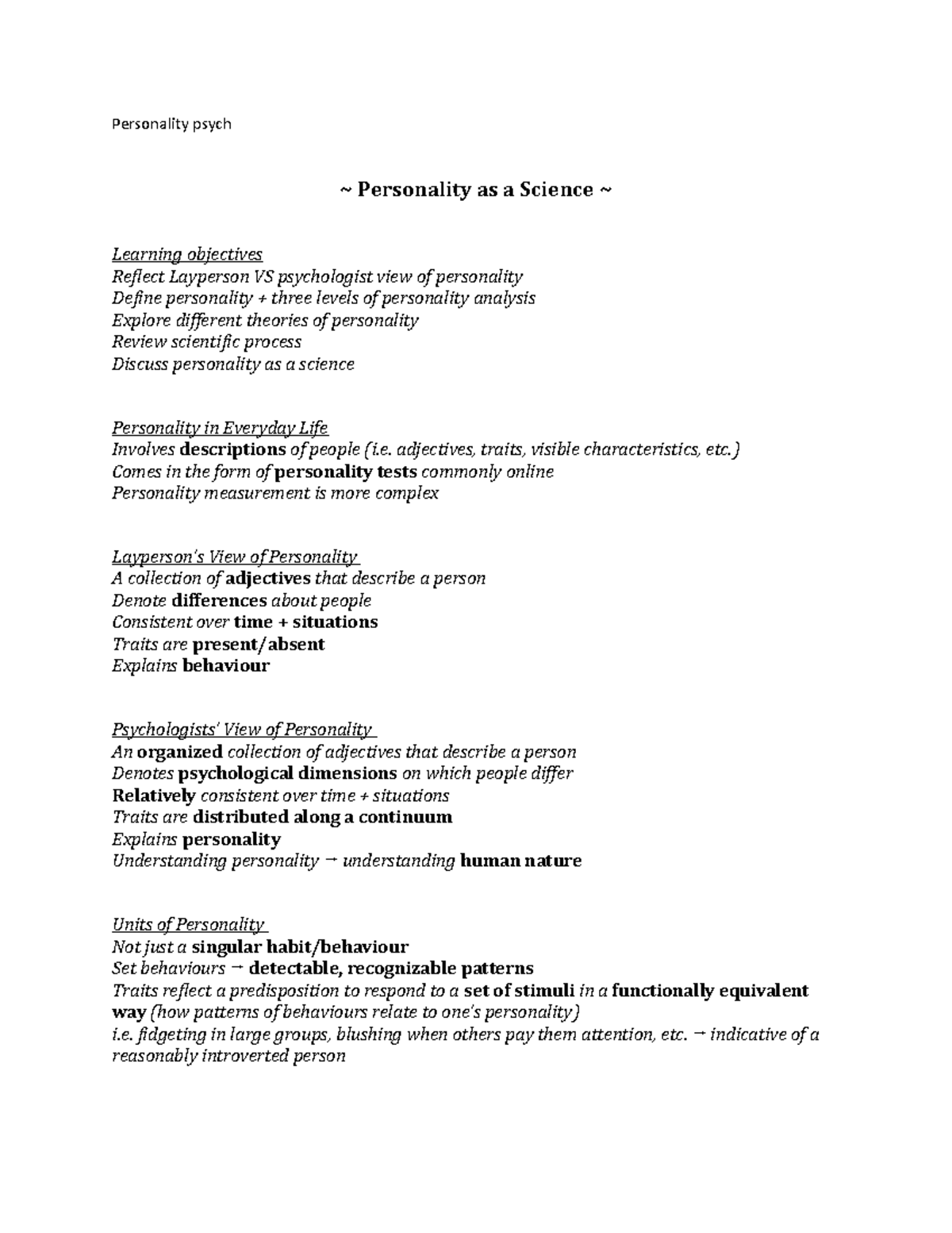 Personality psych midterm 1 notes - Personality psych ~ Personality as ...
