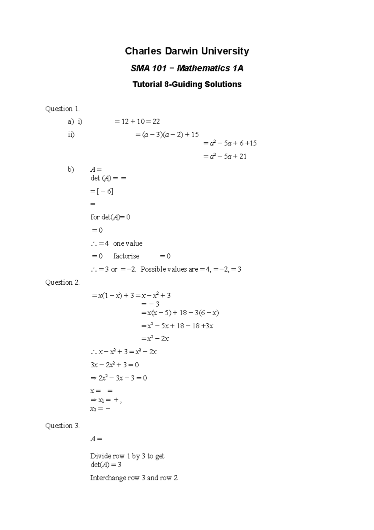 SMA101 Tutorial 8 solutions - Charles Darwin University SMA 101 − Mathematics 1A Tutorial 8 ...