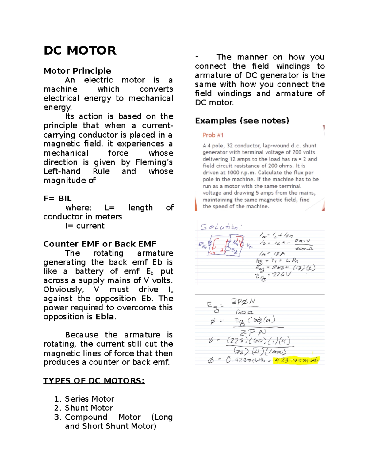 DC Motor - Lecture notes 4 - DC MOTOR Motor Principle An electric motor ...