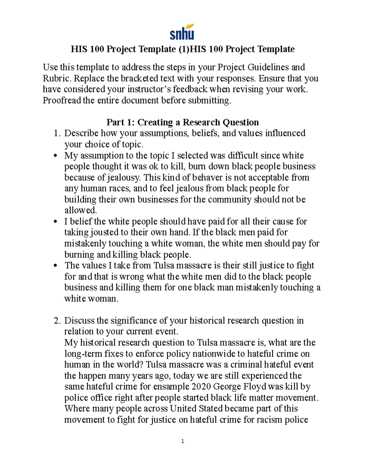 HIS 100 Project Template - Replace the bracketed text with your ...