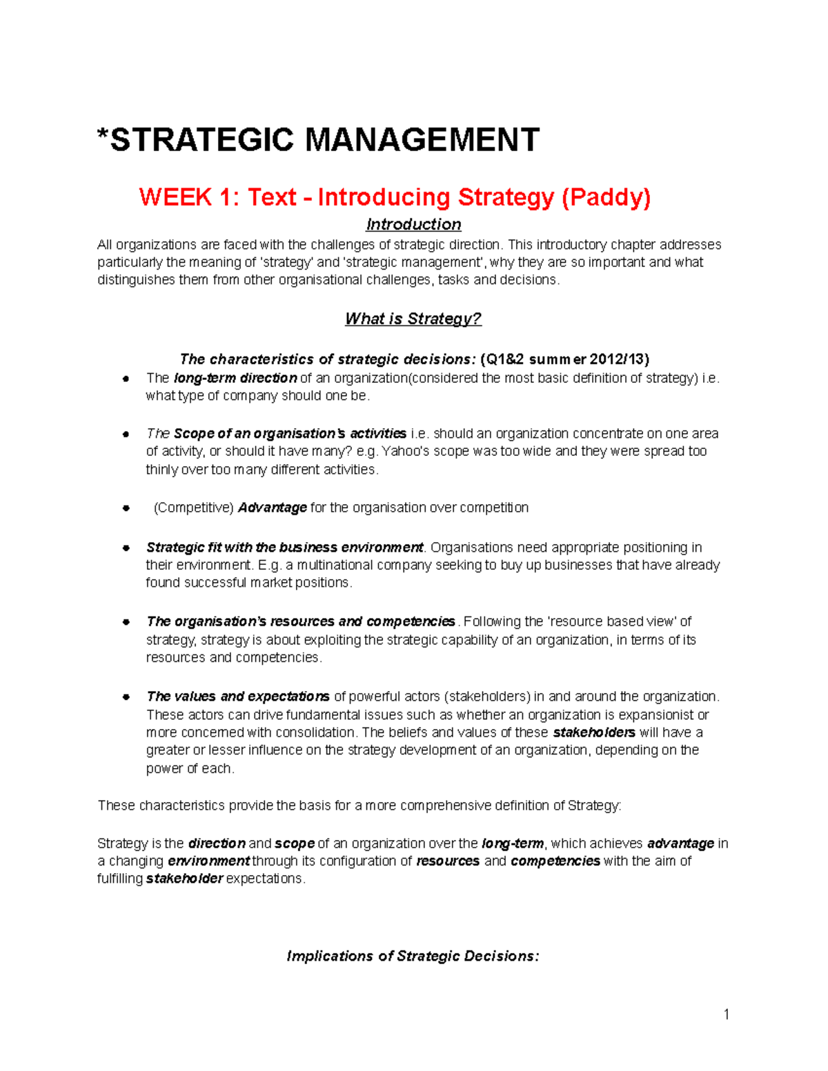Strategicmanagementnotes-2 - *STRATEGIC MANAGEMENT WEEK 1: Text ...