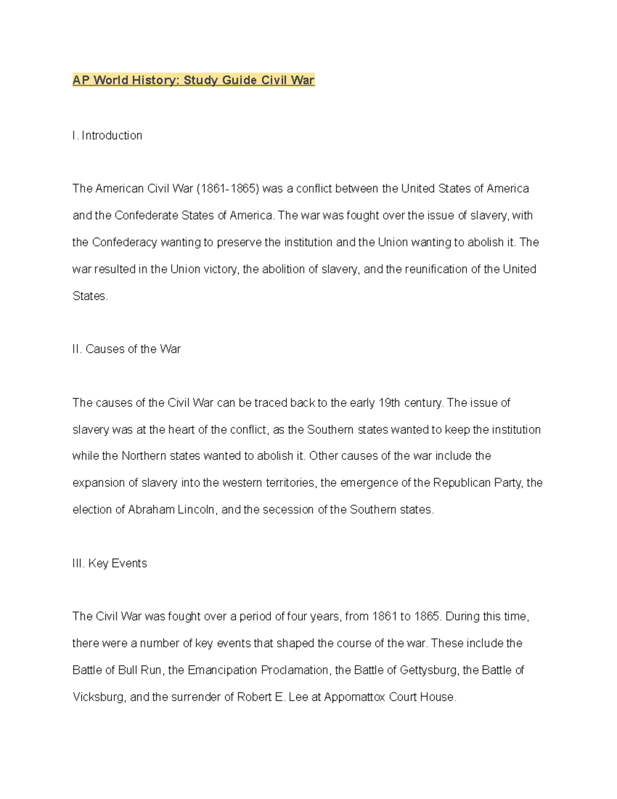 AP World History Study Guide Civil War - Introduction The American Civil War (1861-1865) was a ...