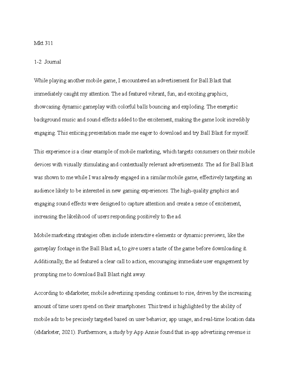Mkt 311 - N/a - Mkt 311 1-2 Journal While playing another mobile game ...