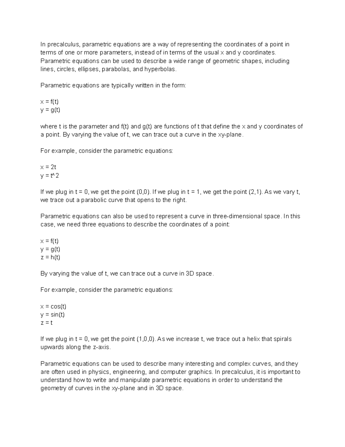 Lecture On Parametric In Precalc In Precalculus Parametric Equations
