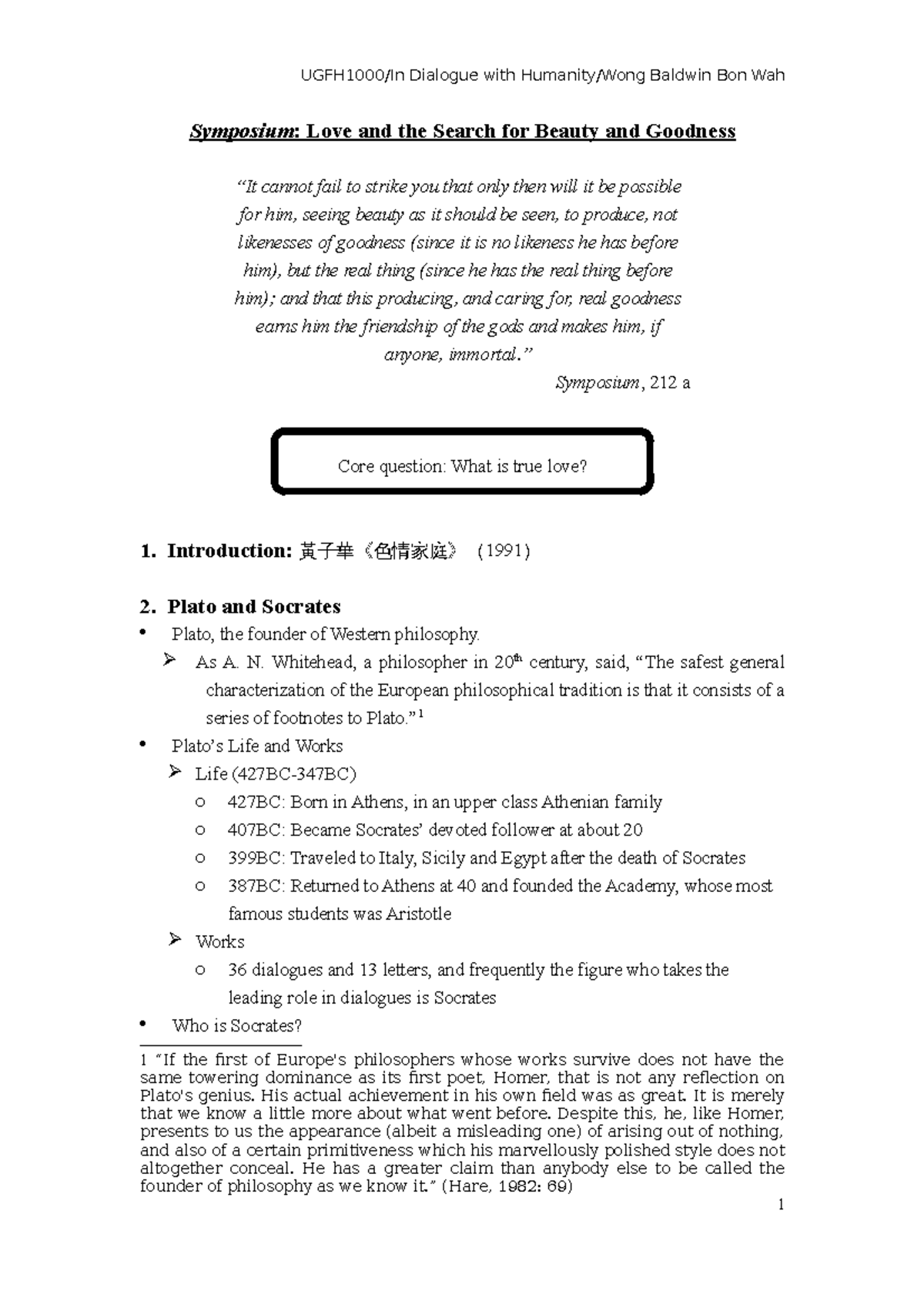 Lecture 3 Plato Symposium (lecture note) (simplified) - UGFH1000/In ...