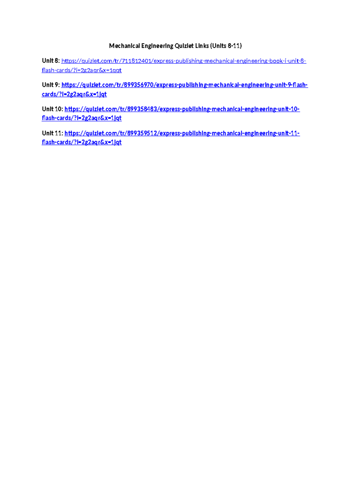 Mechanical Engineering Quizlet Links Unit 8-11 - Studocu
