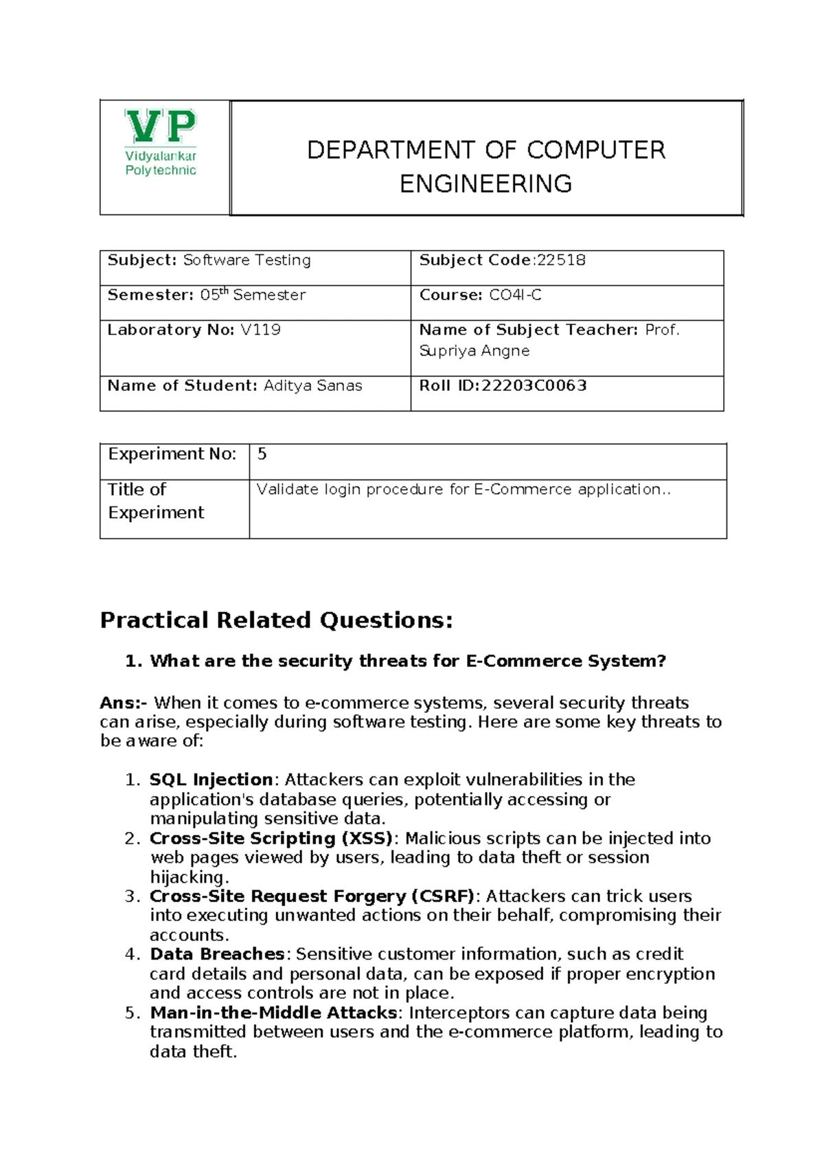 Practical No - mnbmn - Course: Computer Engineering Class: CO5IC Semester: 5 Course: Software ...