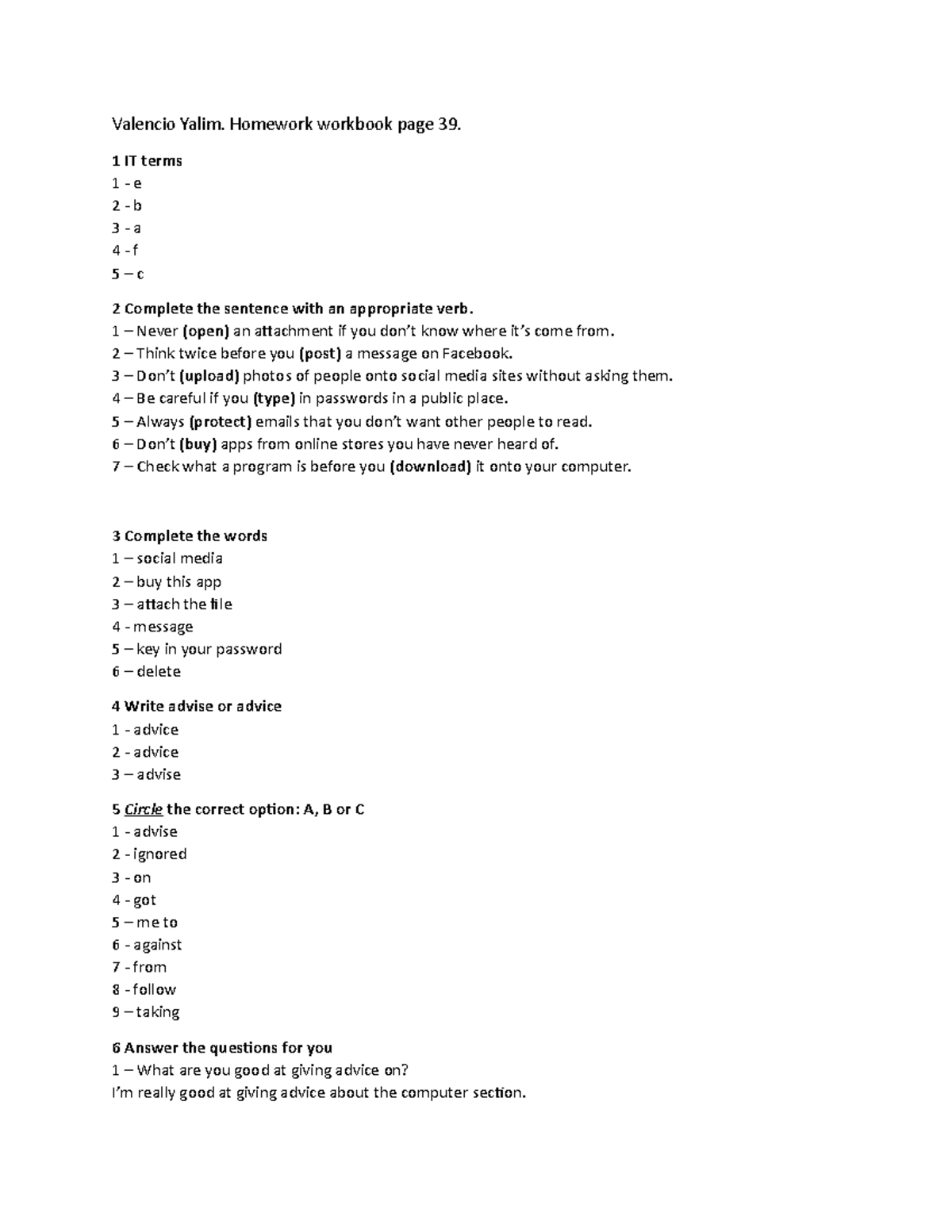 Answers homework page 39 - Valencio Yalim. Homework workbook page 39. 1 ...