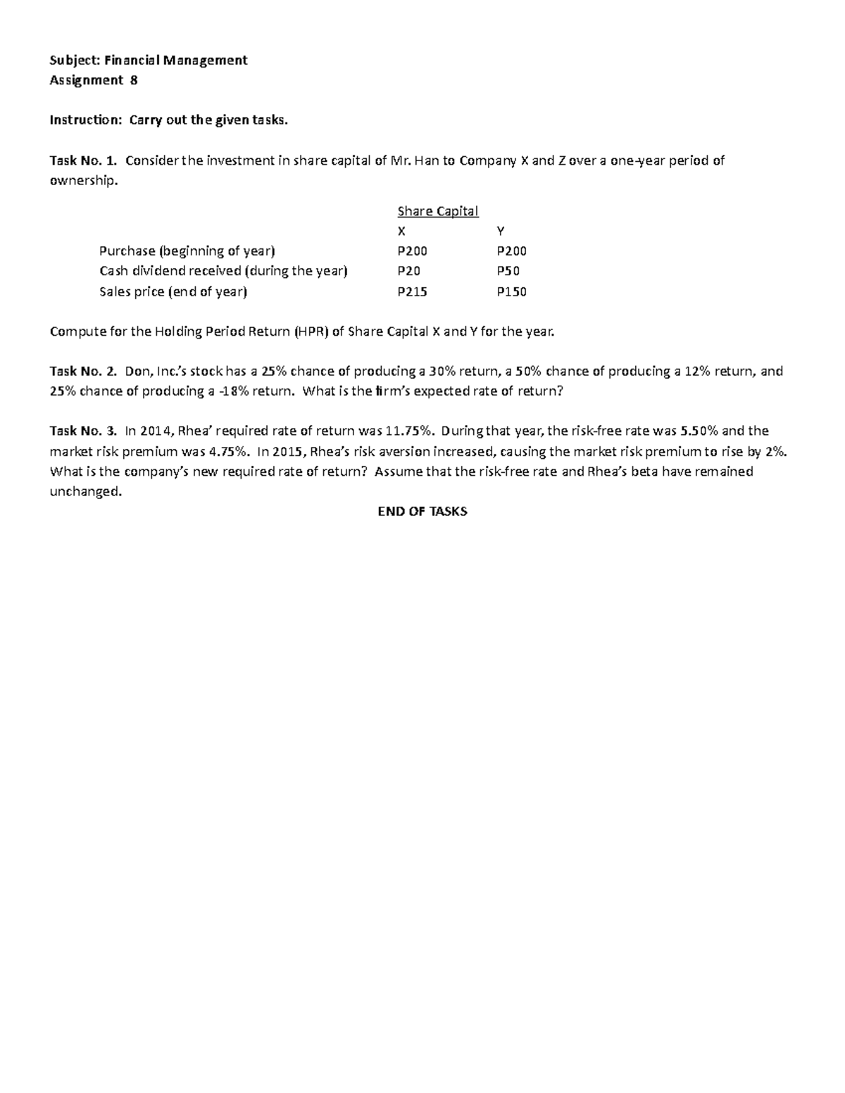 Assignment 8 - Problems only. - Subject: Financial Management ...
