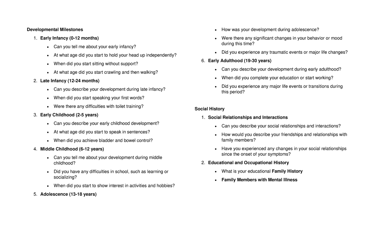 Interview- Guided- Questions - Developmental Milestones 1. Early ...