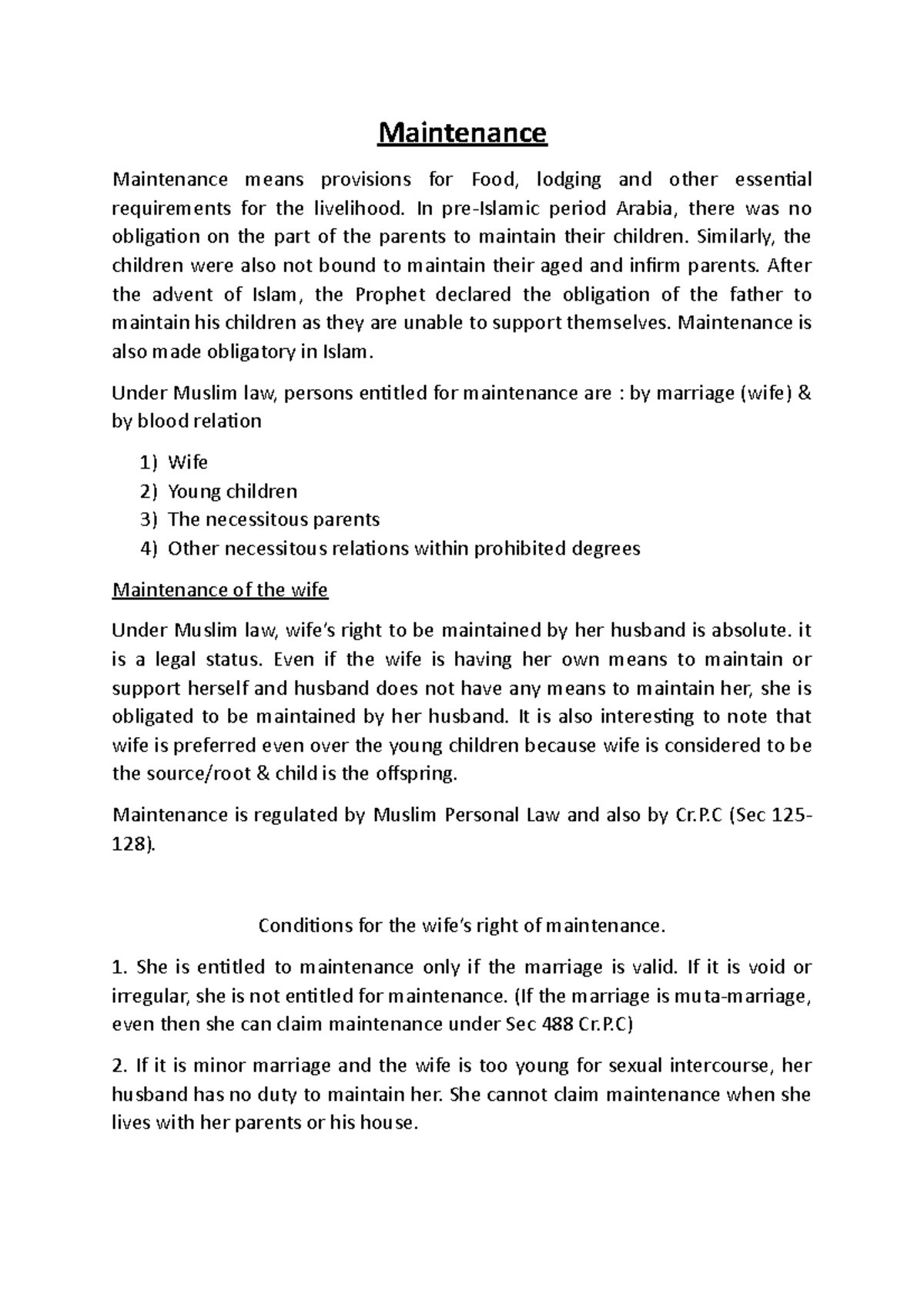 Maintenance - notes - Maintenance Maintenance means provisions for Food ...