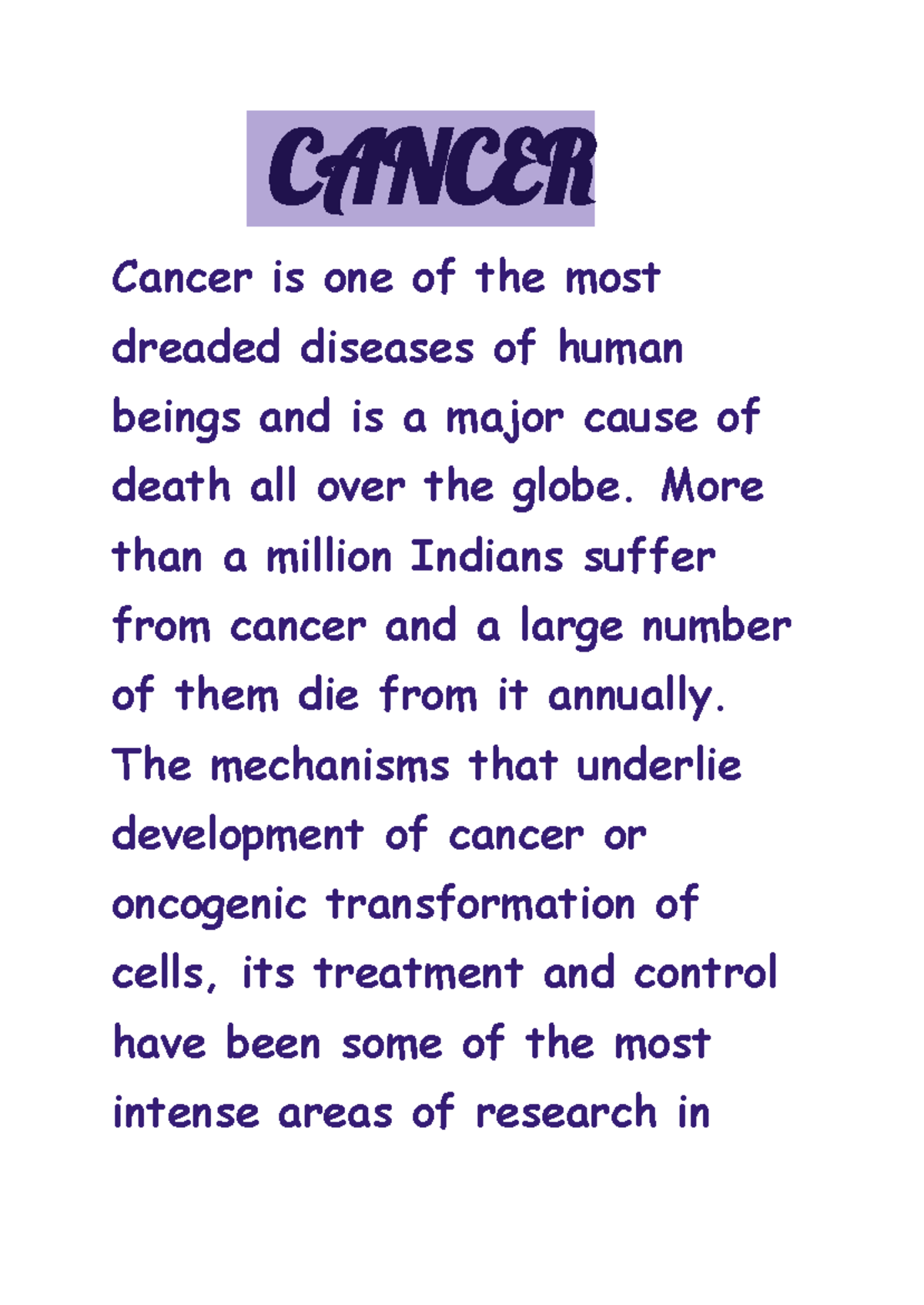 Cancer - CANCER Cancer is one of the most dreaded diseases of human ...