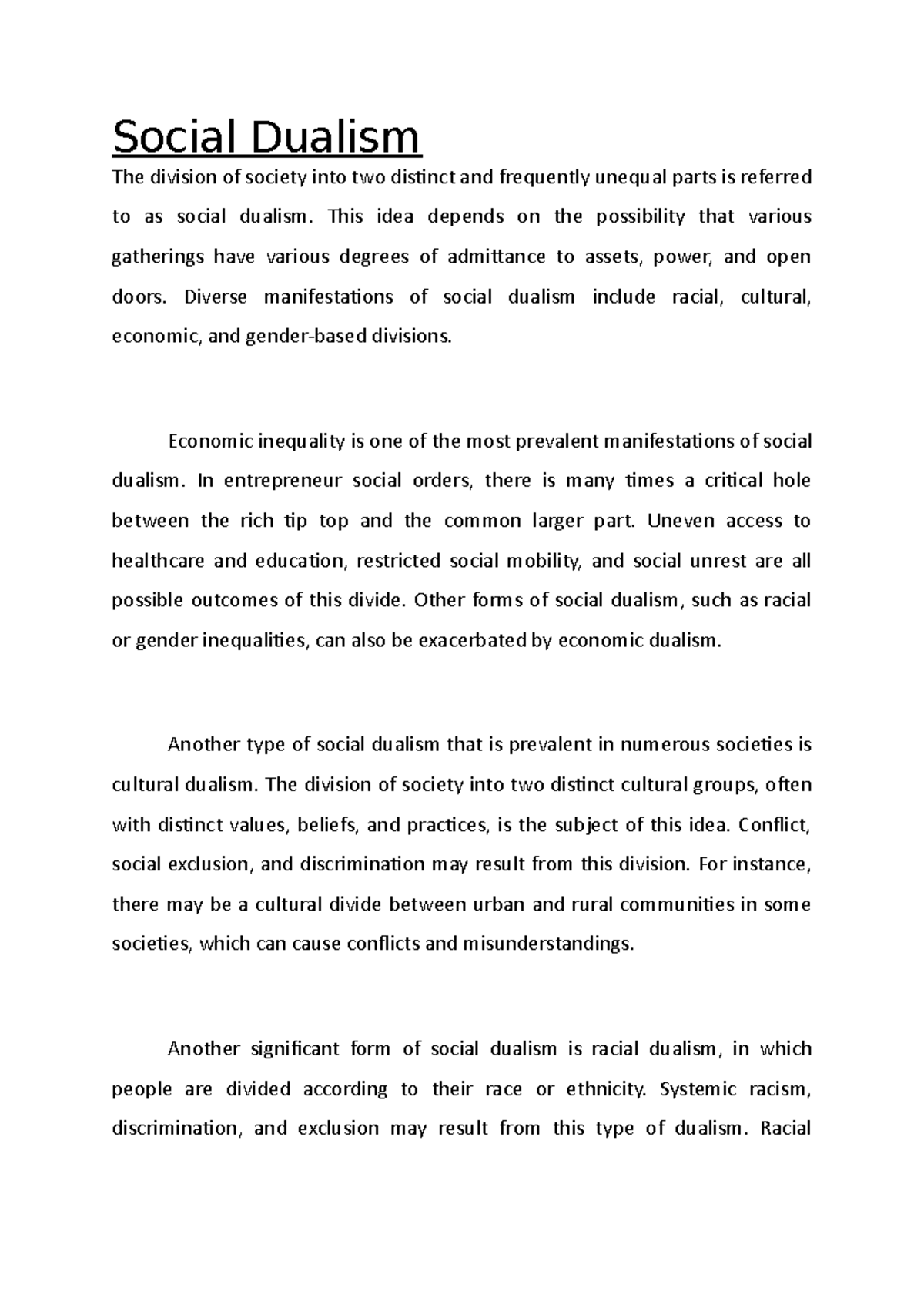 Social Dualism - Social Dualism The division of society into two ...