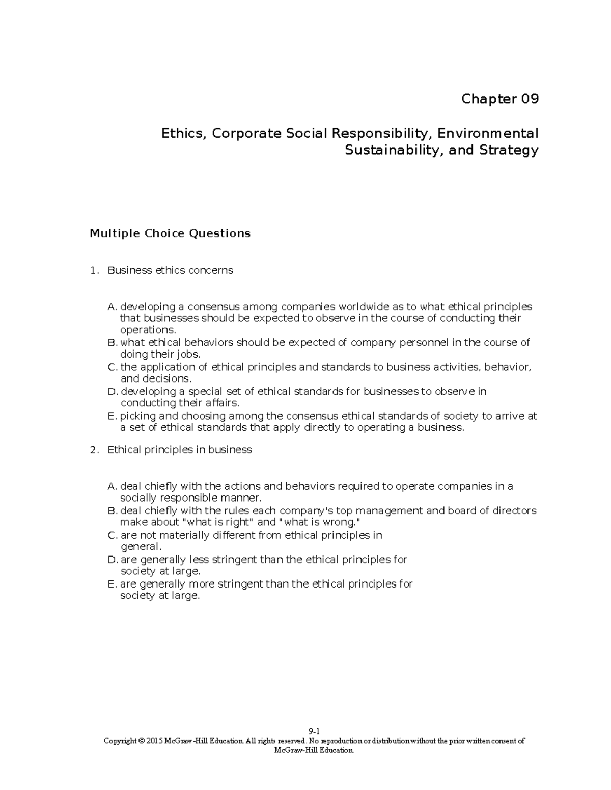 Ethics CSR Environmental Sustainability and Strategy MCQs - Studocu