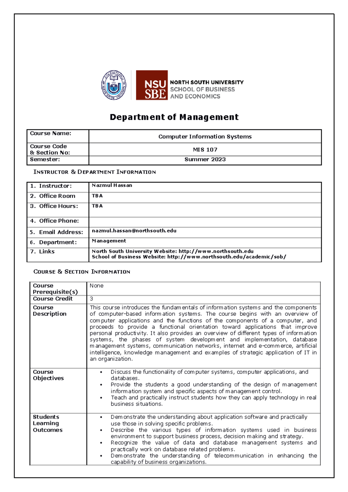 MIS 107 Course Outline - Department of Management Course Name: Computer ...