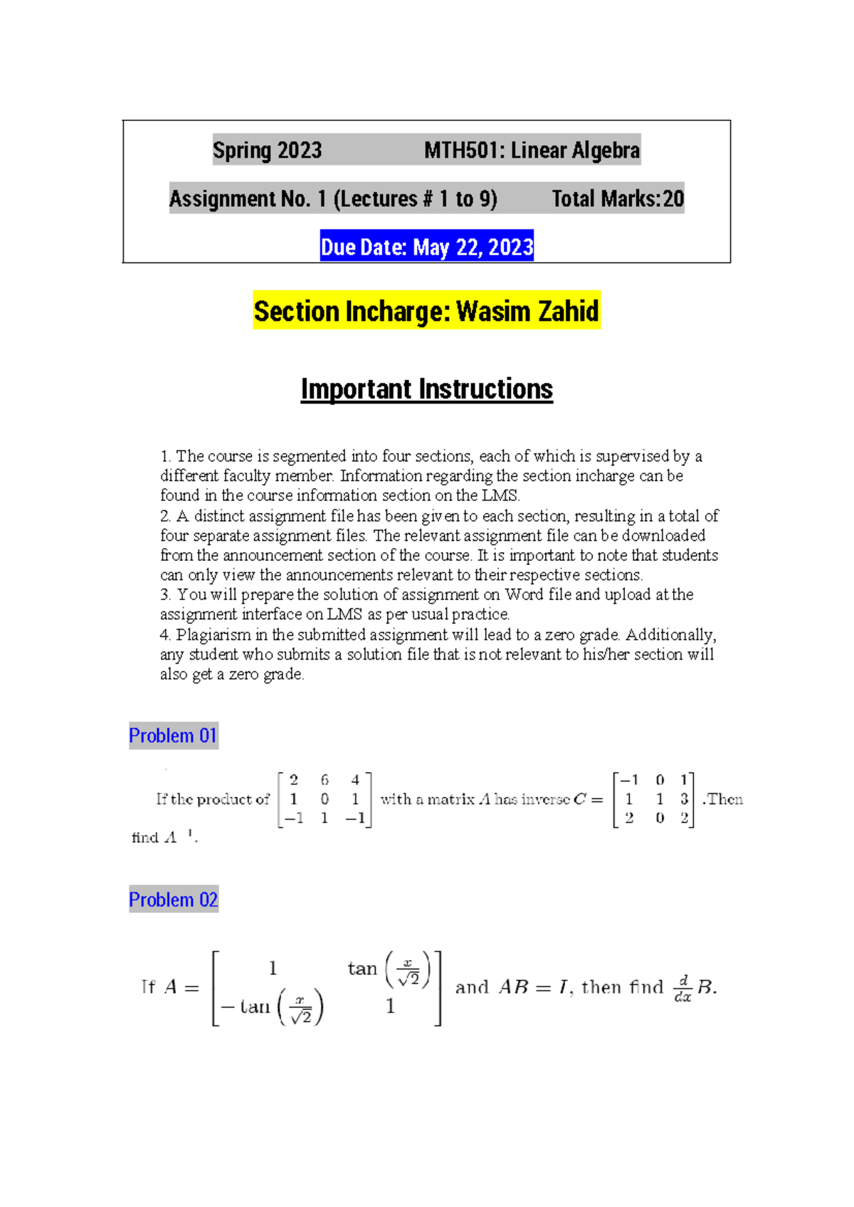 Asmgnt 1 final 501 - well - Spring 2023 MTH 501 : Linear Algebra Assignment No. 1 (Lectures # 1 ...