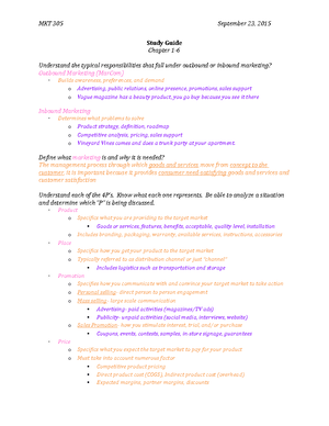 Marketing Exam 1 Study Guide - Marketing 305 Exam 1 Study Guide Chapter ...