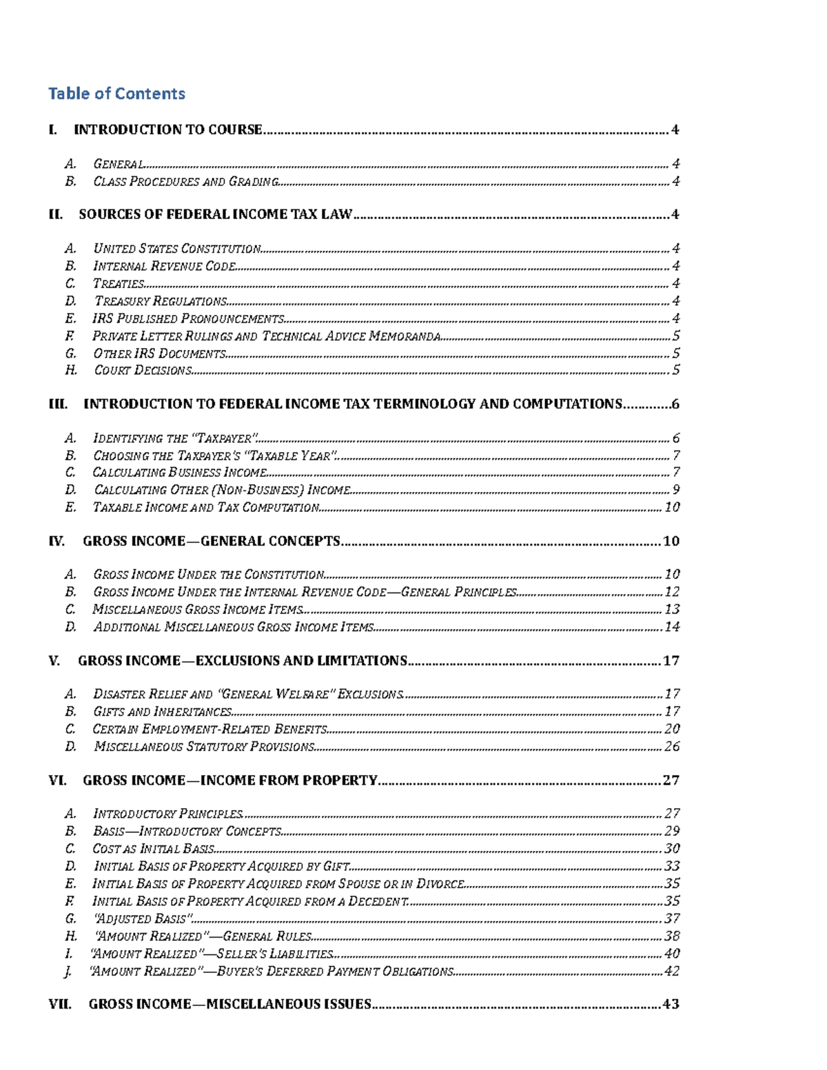 Tax - Schnur - Outline II - Table of Contents I. INTRODUCTION TO - Studocu
