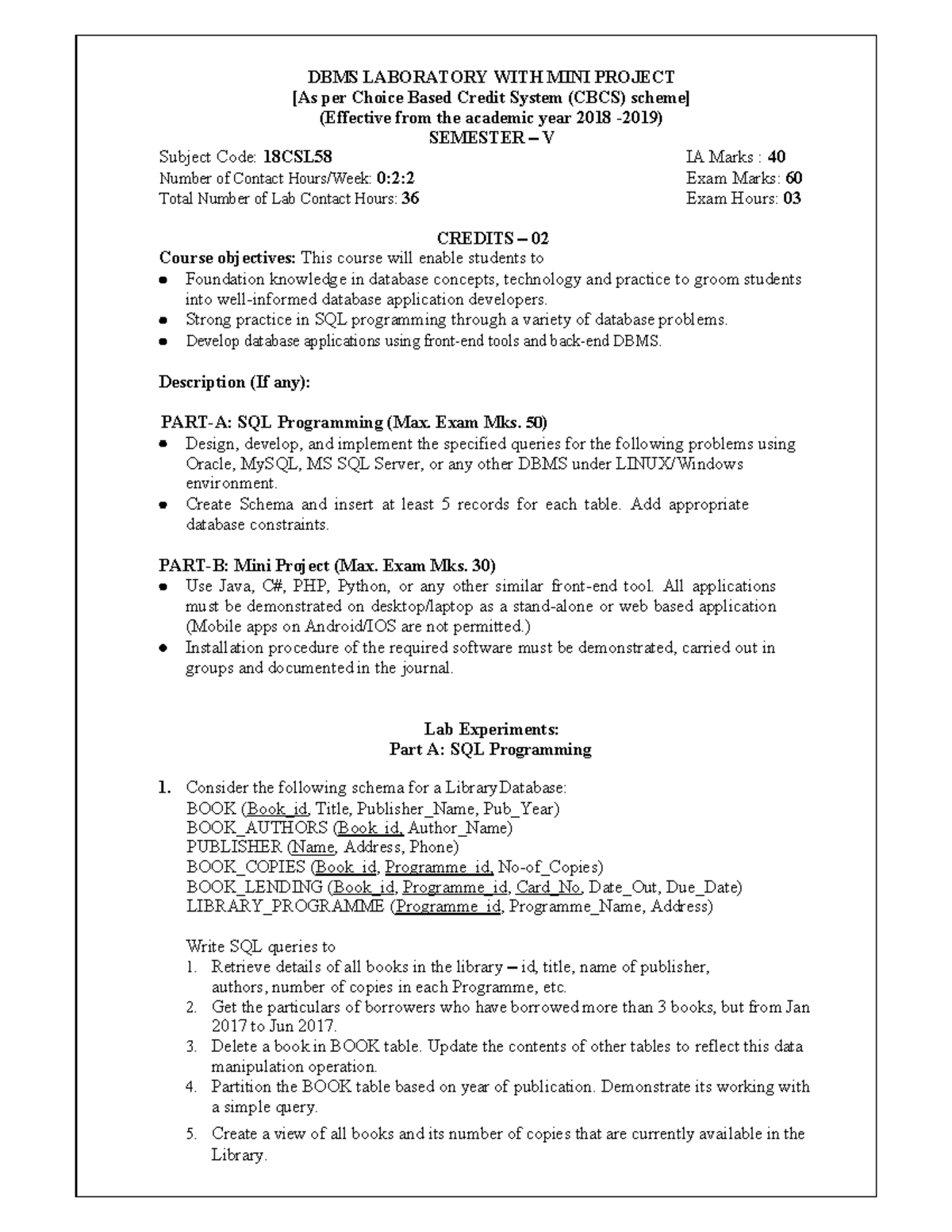 18csl58 Dbms 1 Md Dbms Laboratory With Mini Project [as Per Choice Based Credit System Cbcs