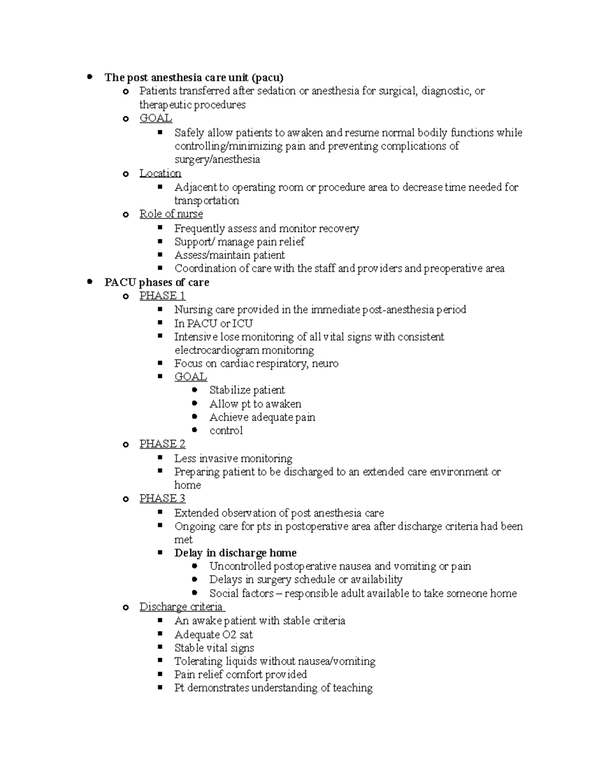 Chapter 17 notes - The post anesthesia care unit (pacu) o Patients ...