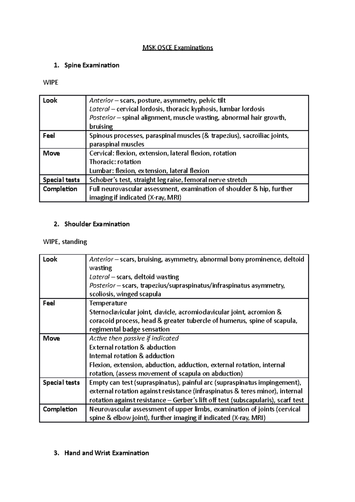 MSK OSCE Examinations - MSK OSCE Examinations Spine Examination WIPE ...