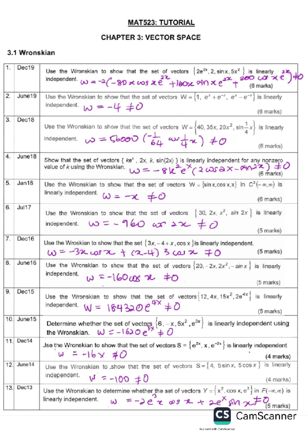 MAT523 Tutorial Chapter 3 - MAT523: TUTORIAL CHAPTER 3: VECTOR SPACE 3 Wronskian 1. Dec19 Use ...