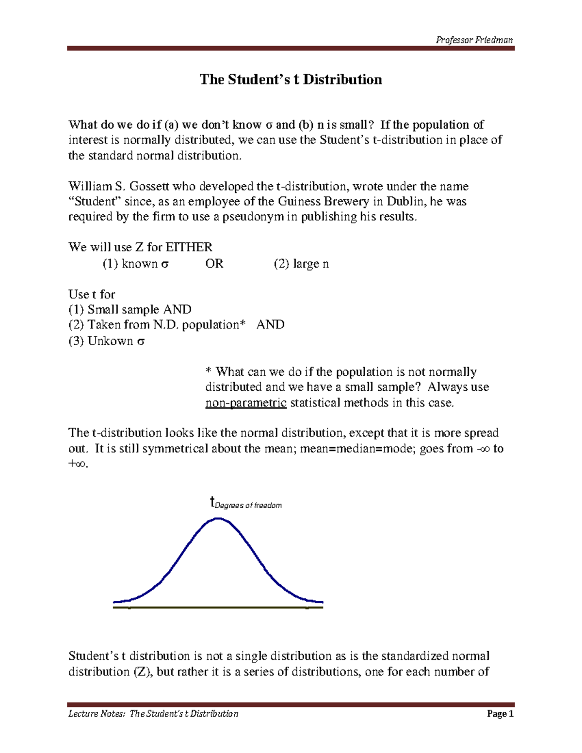Lecture Notes: The Student’s t Distribution - Professor Friedman The ...
