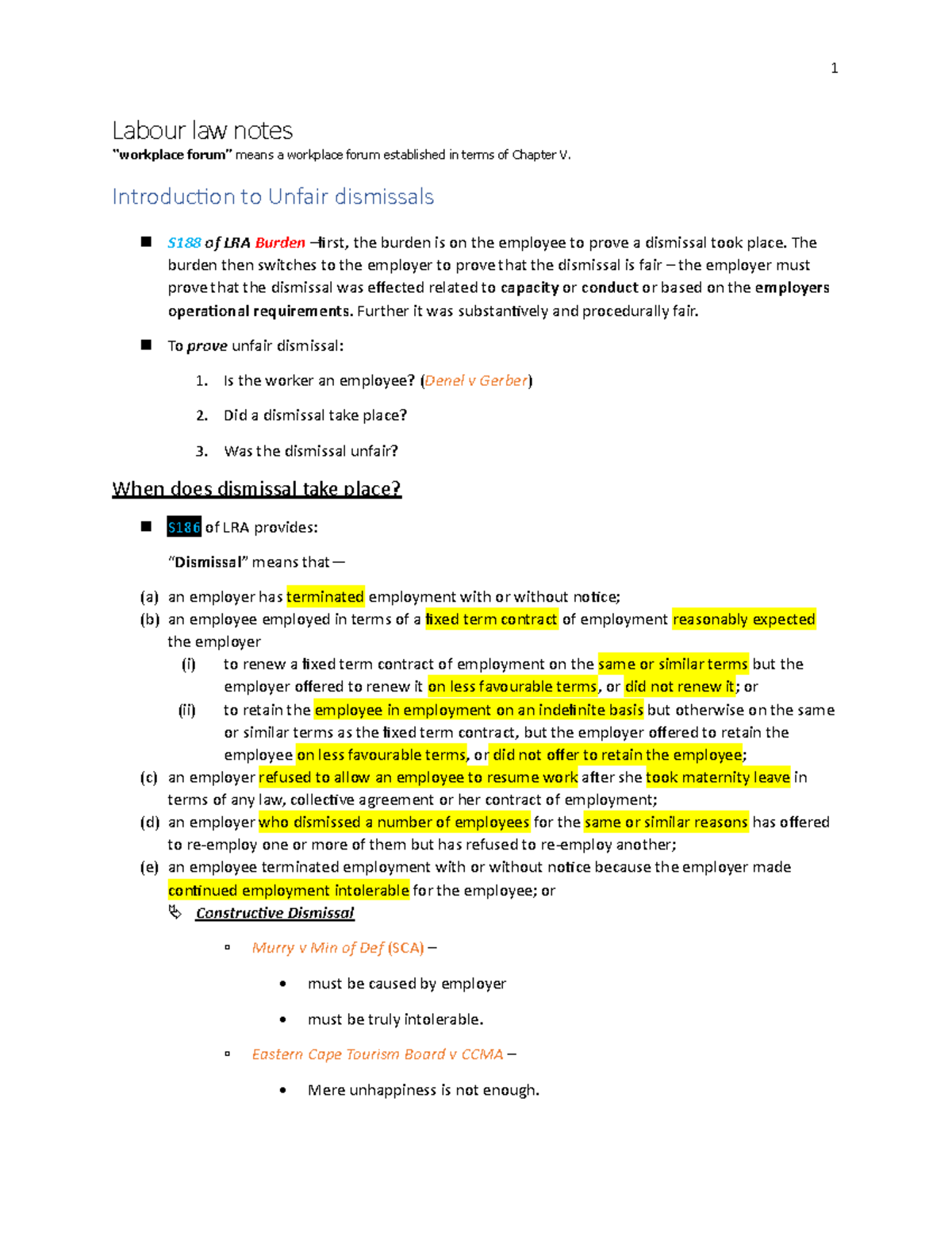 Labour Law 2nd block notes - Labour law notes “workplace forum” means a ...