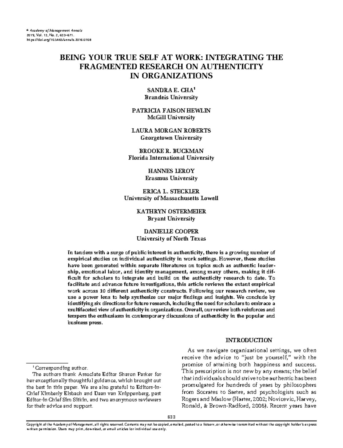 Being Your True Self at Work Integrating the Fragmented Research on ...