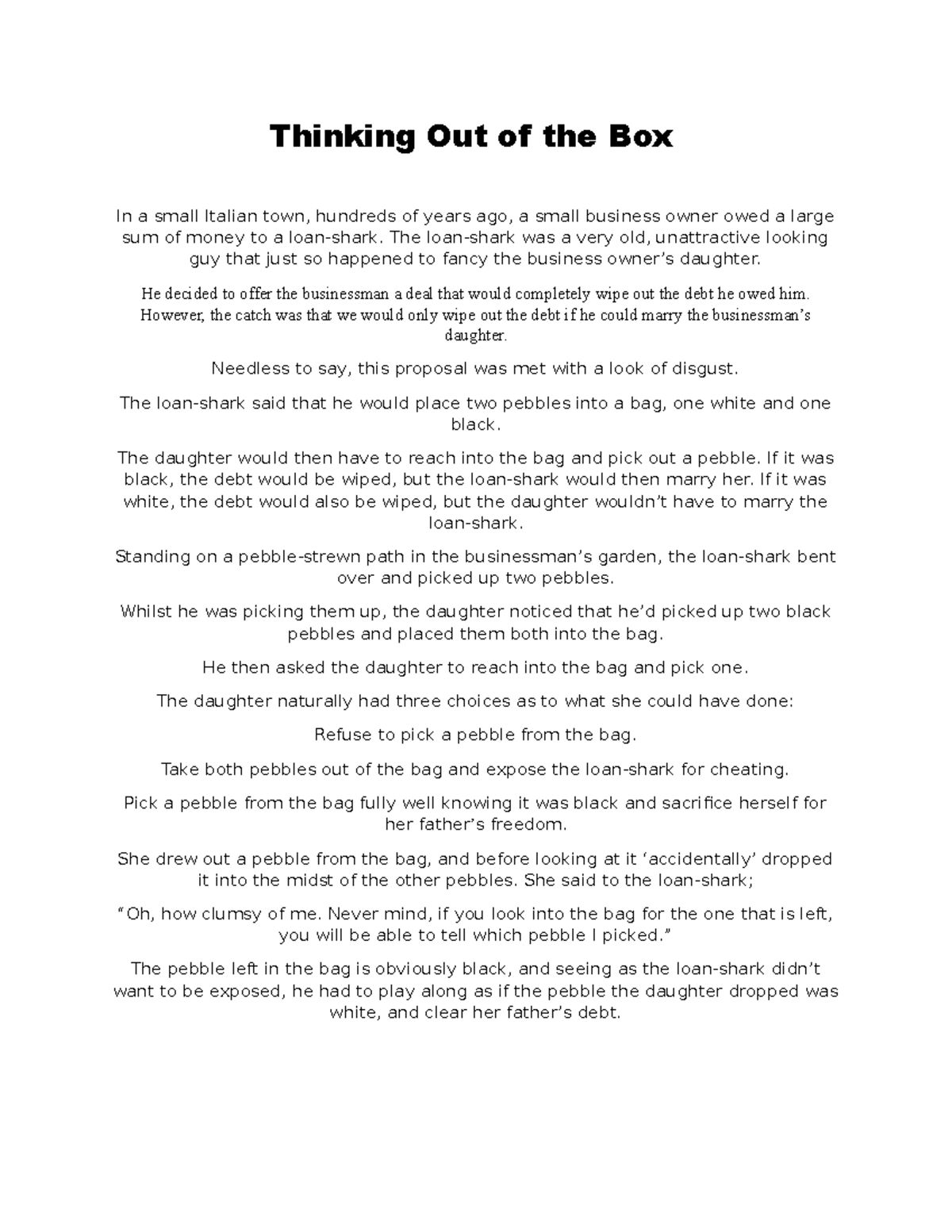 Thinking Out of the Box - assignment - Thinking Out of the Box In a ...