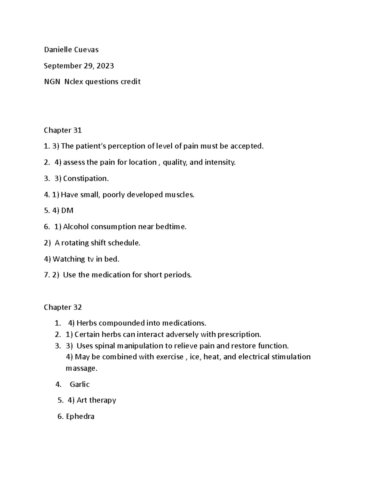 Chapter 31, 32 - nclex - Danielle Cuevas September 29, 2023 NGN Nclex ...